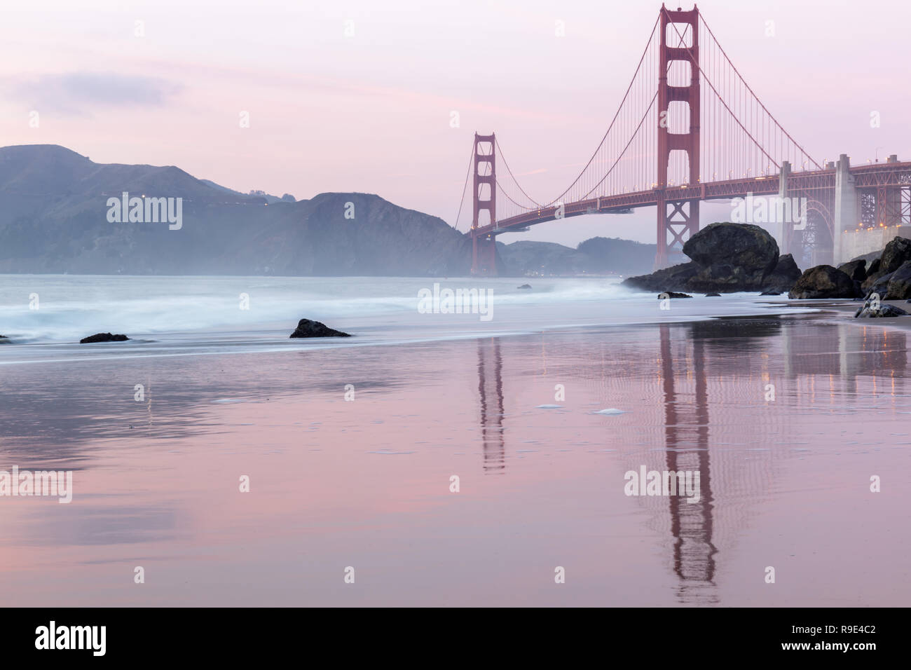Golden Gate Bridge reflections at Marshall's Beach Stock Photo - Alamy