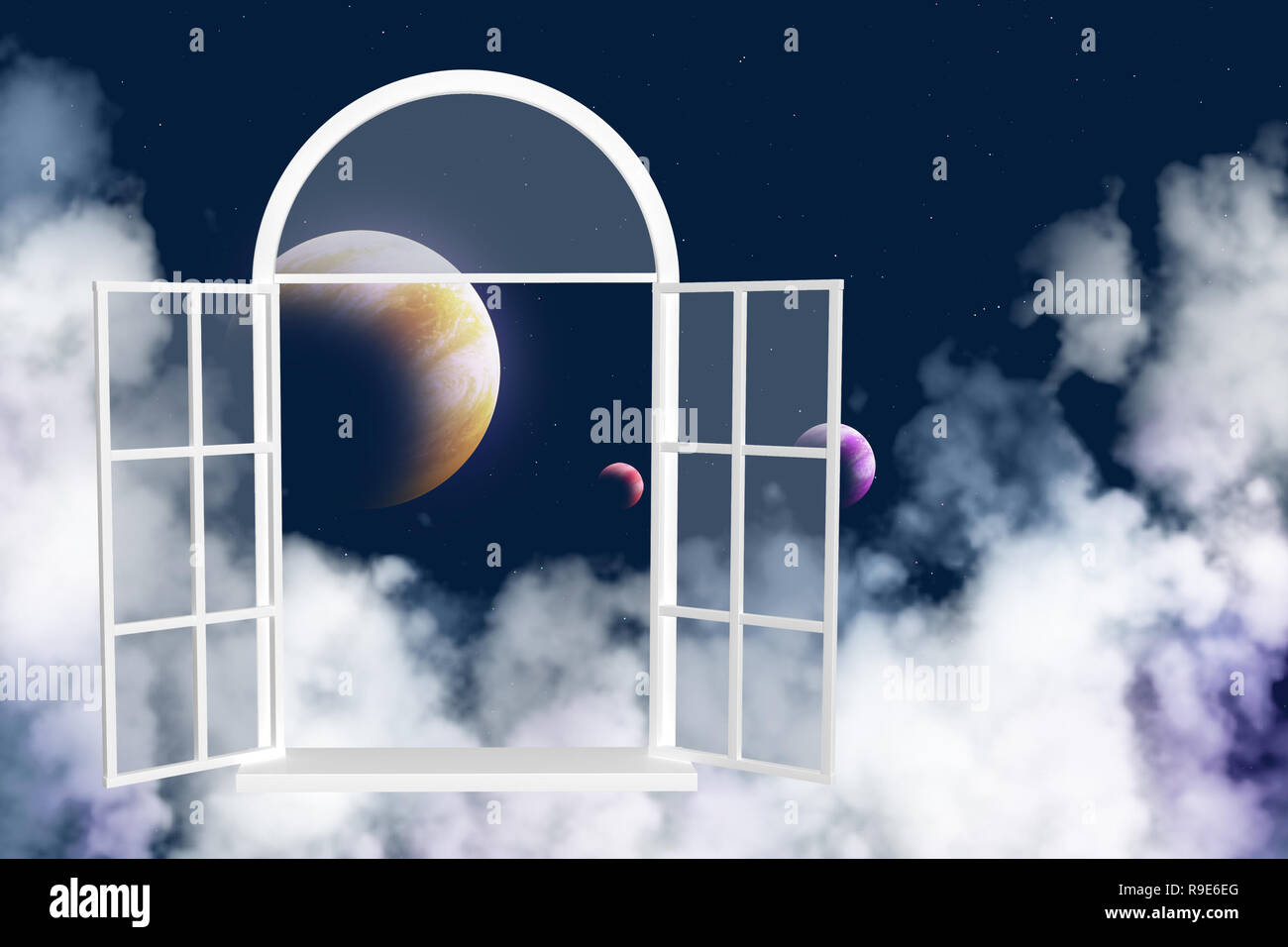 Collage - window in other galaxy Stock Photo - Alamy