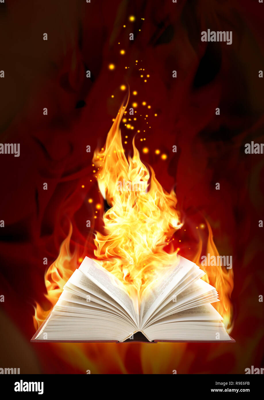 Set - books of four elements. Book of magic fire Stock Photo - Alamy