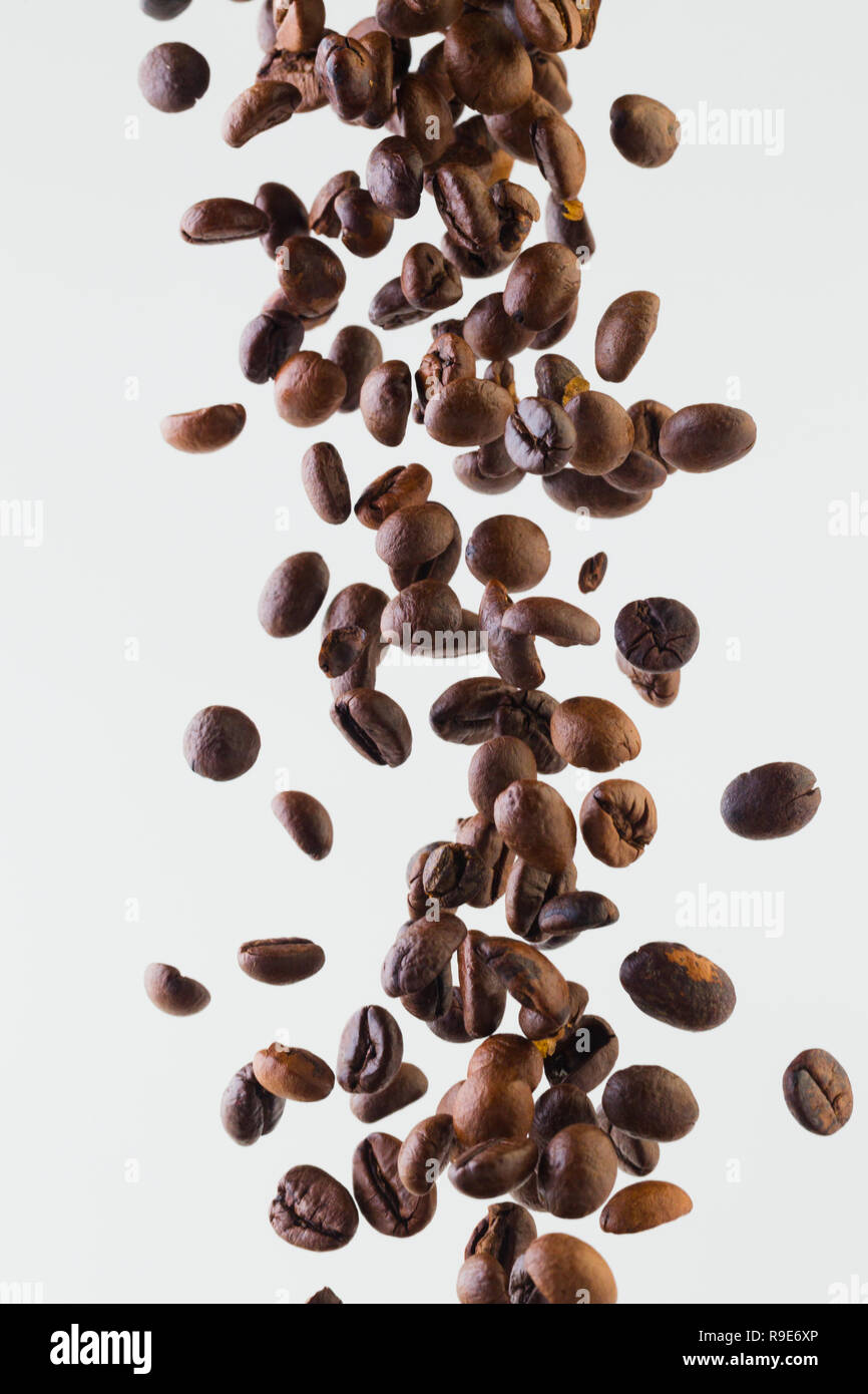 Grains of roasted coffee falling on white background, studio light ...