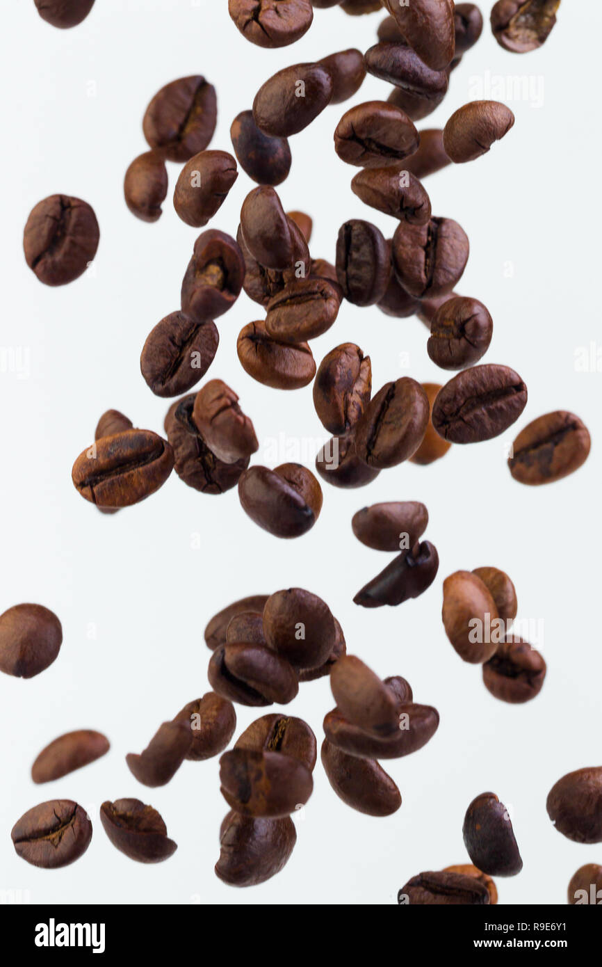 Grains of roasted coffee falling on white background, studio light ...