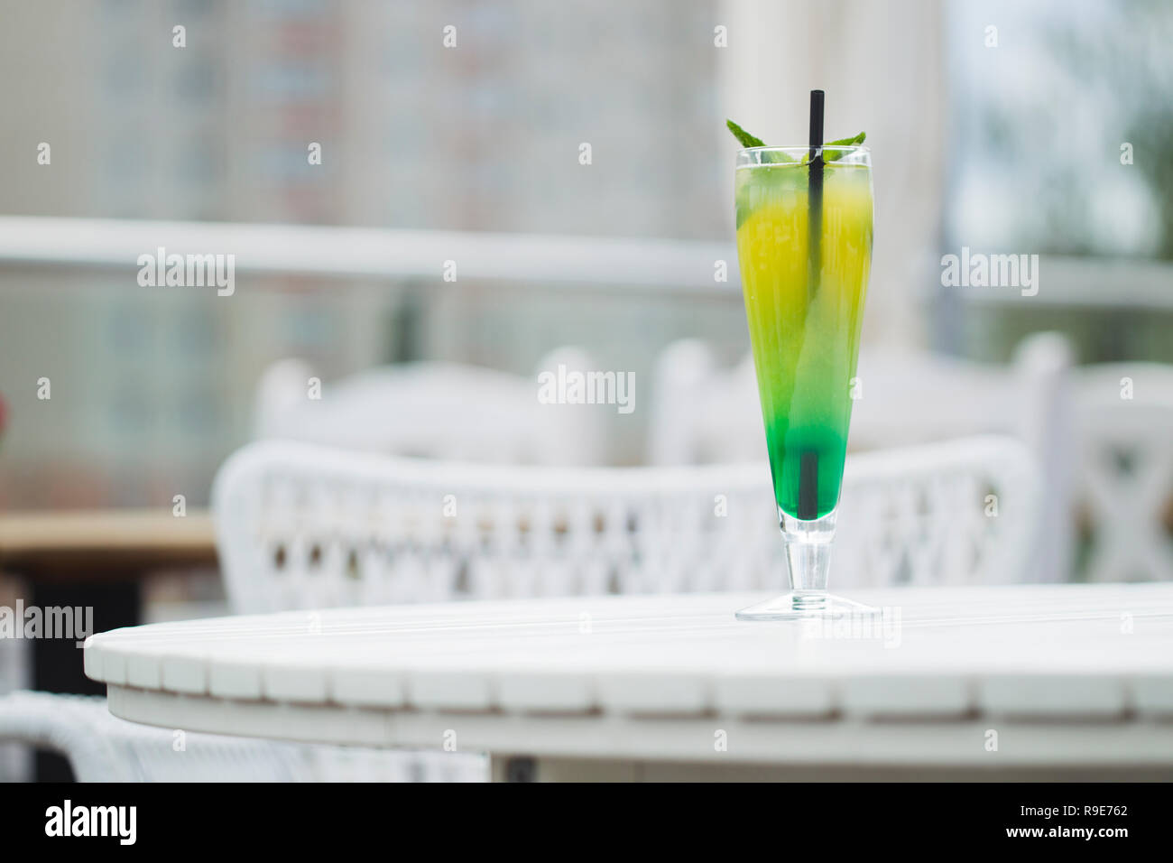 The cold lemonade with mint and ice on the outdoor veranda summer day ...