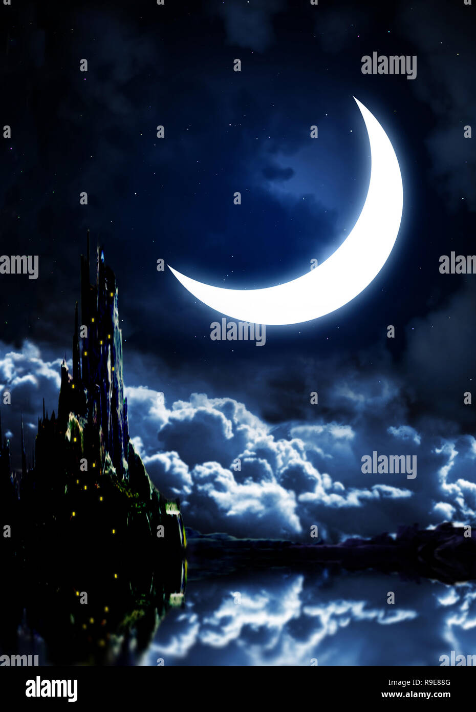 Night fairy-tale. Fantasy landscape with castle Stock Photo - Alamy