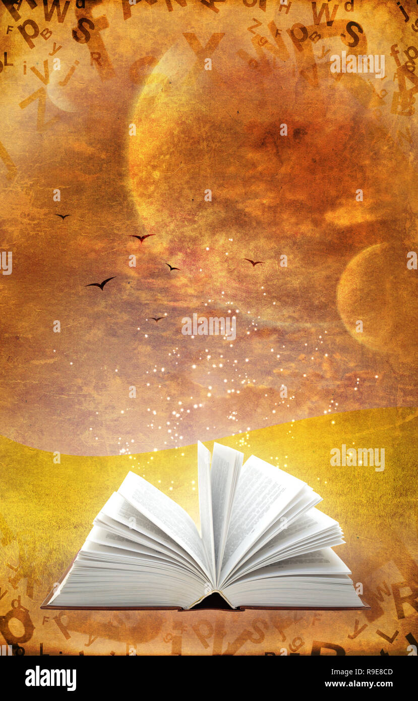 Fantasy world. Vertical grunge background with magic book Stock Photo ...