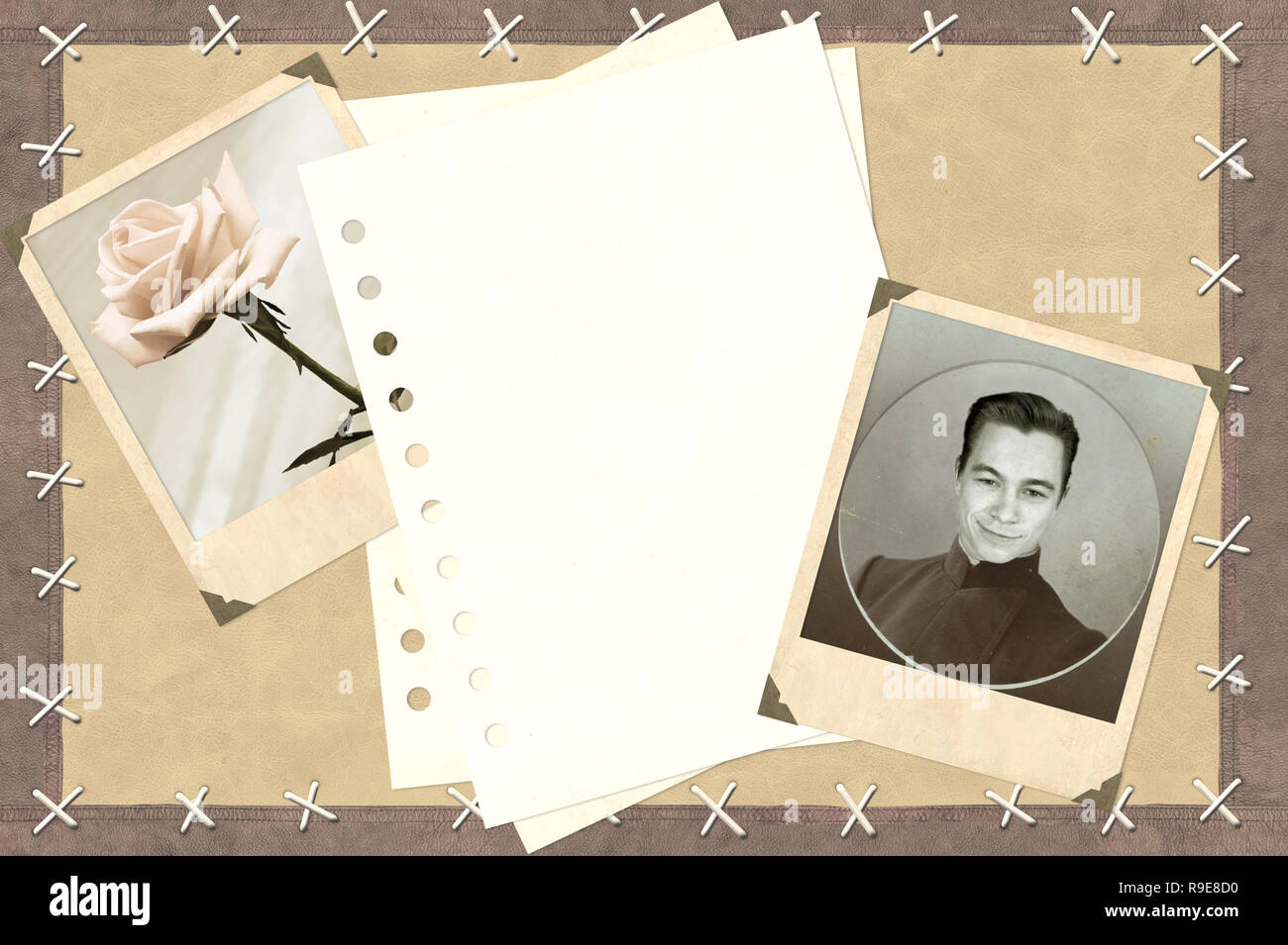 Grunge background with notebook and photos Stock Photo - Alamy