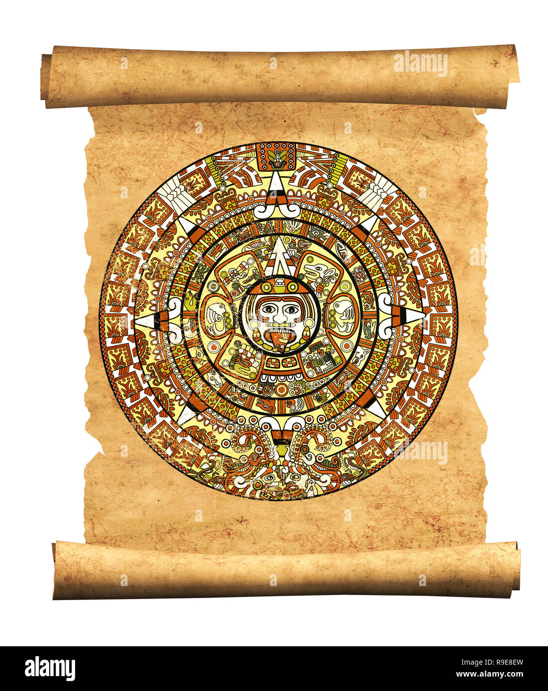 Maya calendar on ancient parchment - over white Stock Photo - Alamy