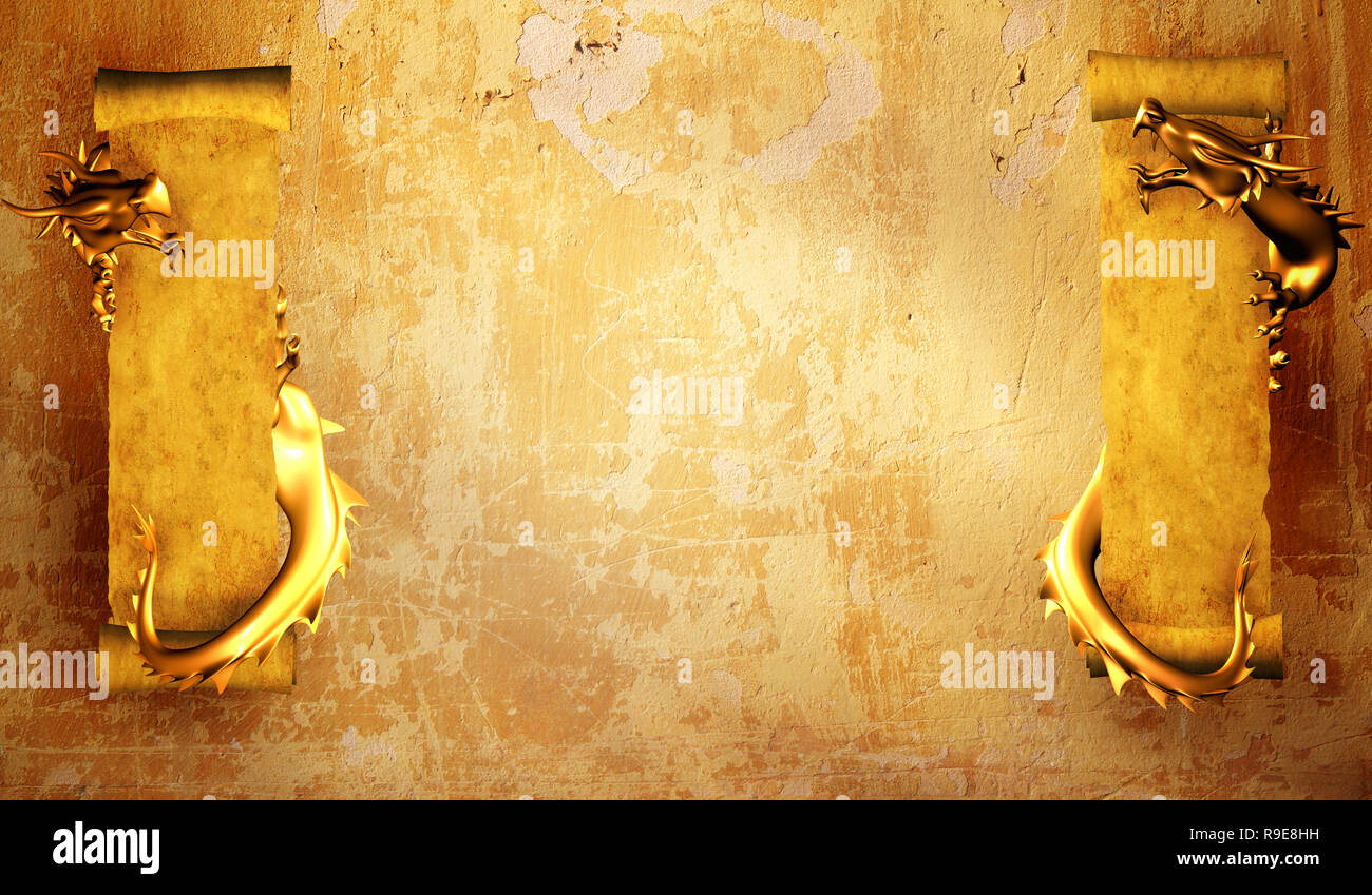 Grunge background with dragons and scrolls of old parchment Stock Photo ...