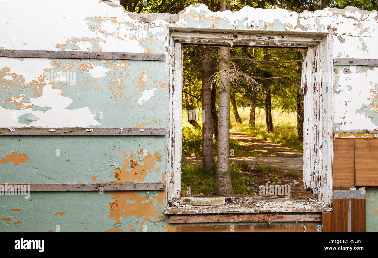 broken window in an abandoned house indoor closeup Stock Photo - Alamy