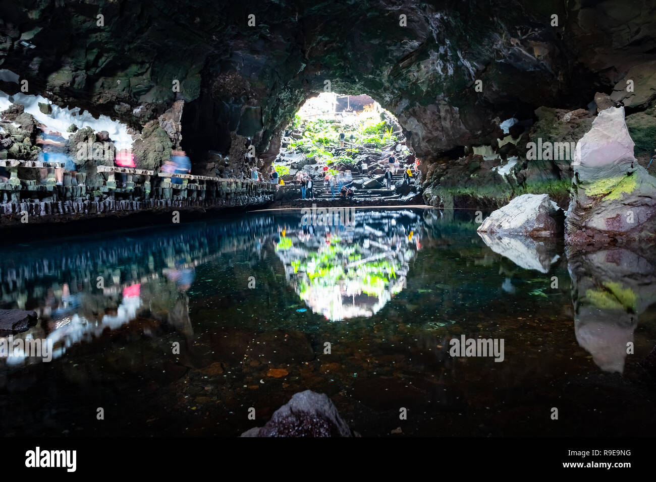 Beautiful cave in Jameos del Agua with white blind crabs, Lanzarote ...