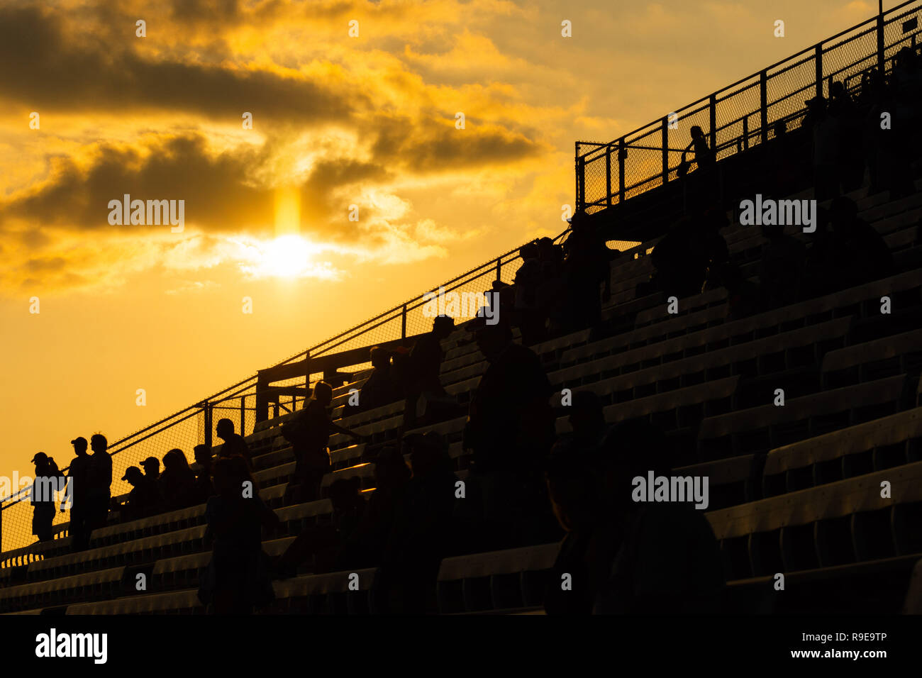 People sitting and standing on bleachers with golden sunset Stock Photo ...