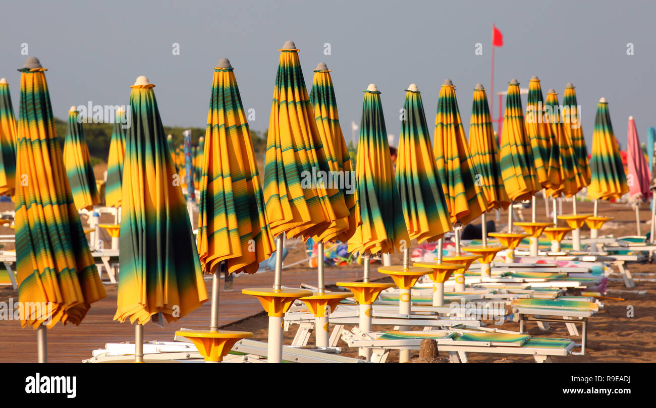 many closed umbrellas on the beach of the sea in summer without people ...