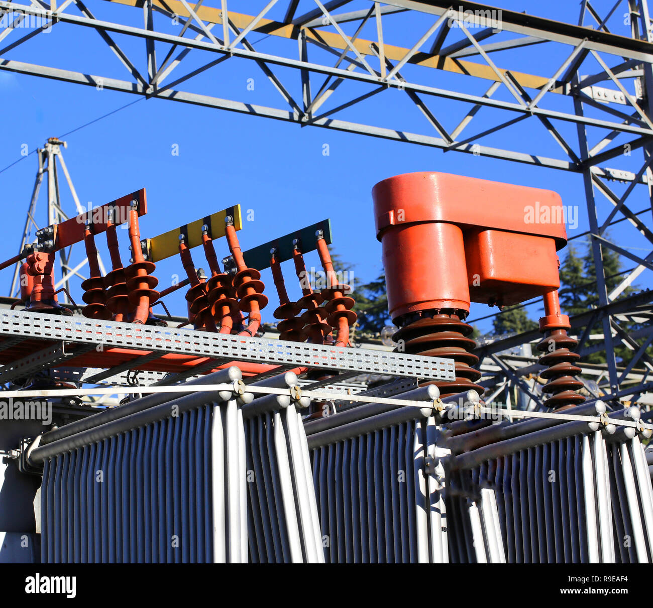 particular of a big voltage transformer in a power plant Stock Photo ...