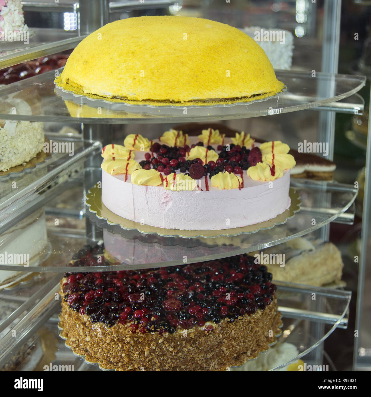 Several Types of Stuffed Cakes inside a Pastry Display Stand Stock ...