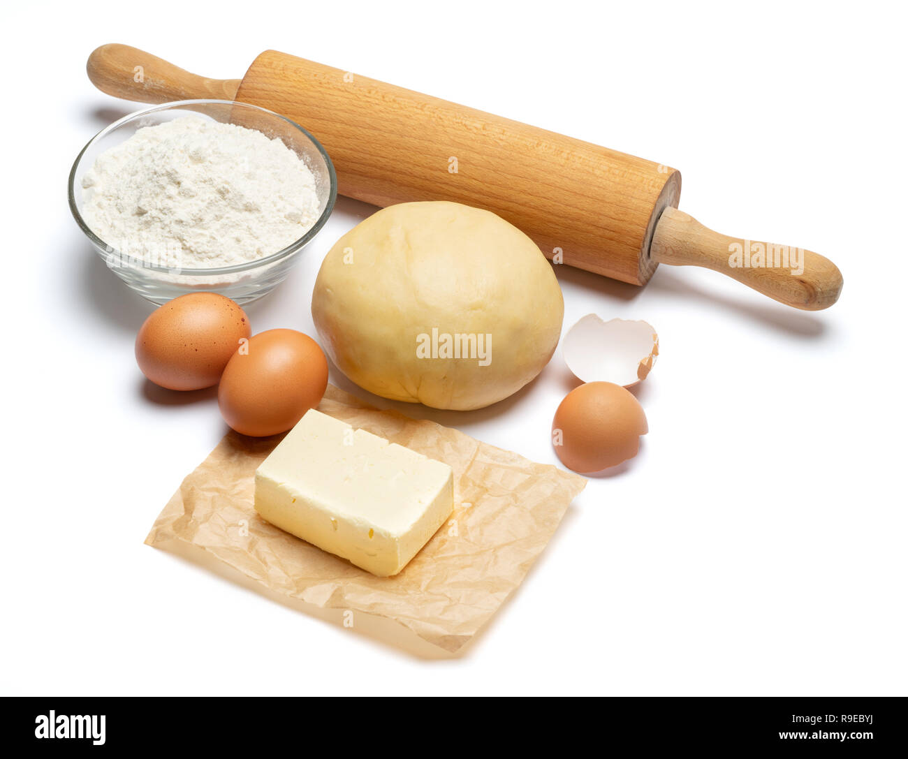 unrolled and unbaked Shortcrust pastry dough recipe on white background ...