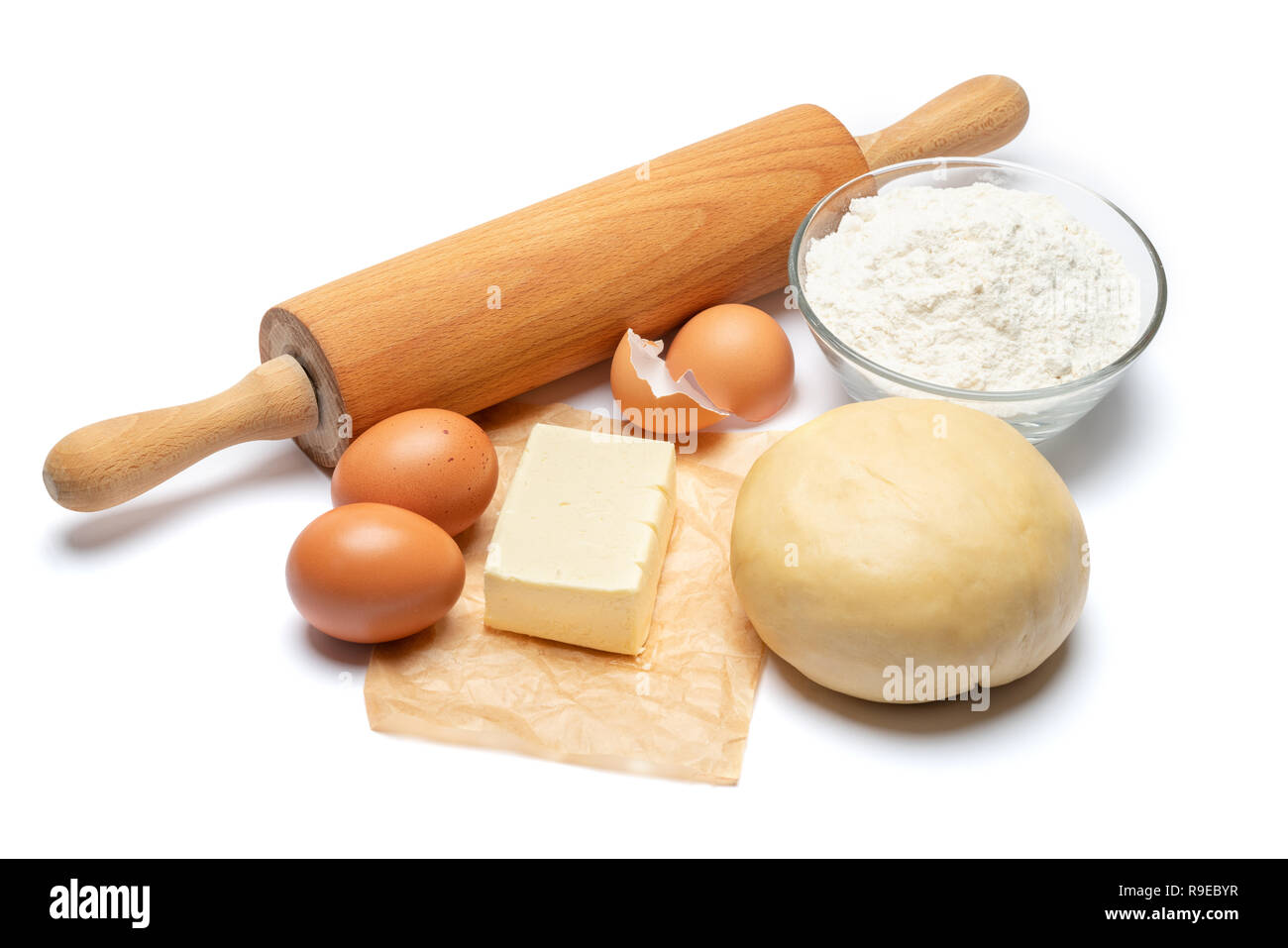unrolled and unbaked Shortcrust pastry dough recipe on white background ...
