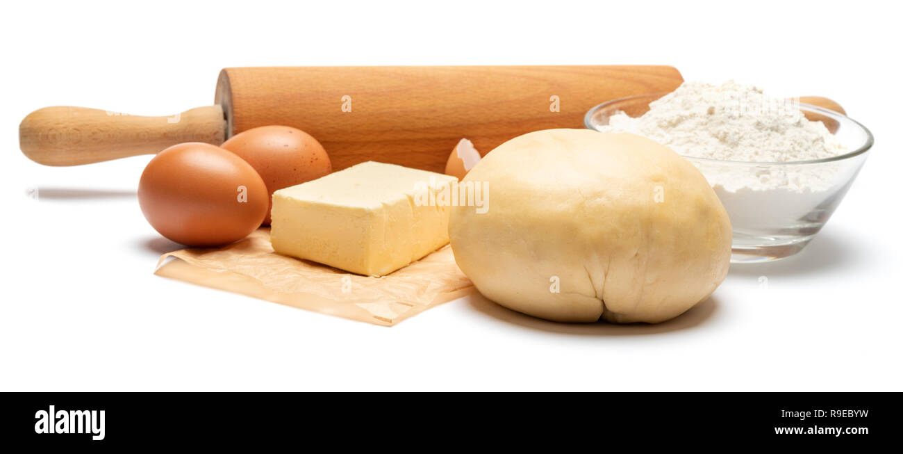 unrolled and unbaked Shortcrust pastry dough recipe on white background ...