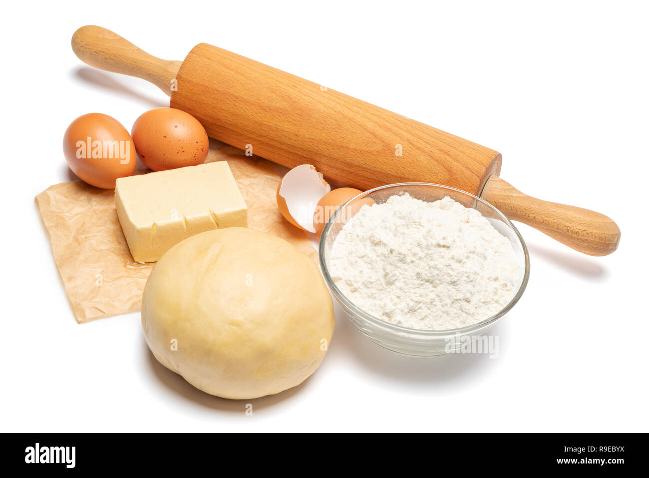 unrolled and unbaked Shortcrust pastry dough recipe on white background ...