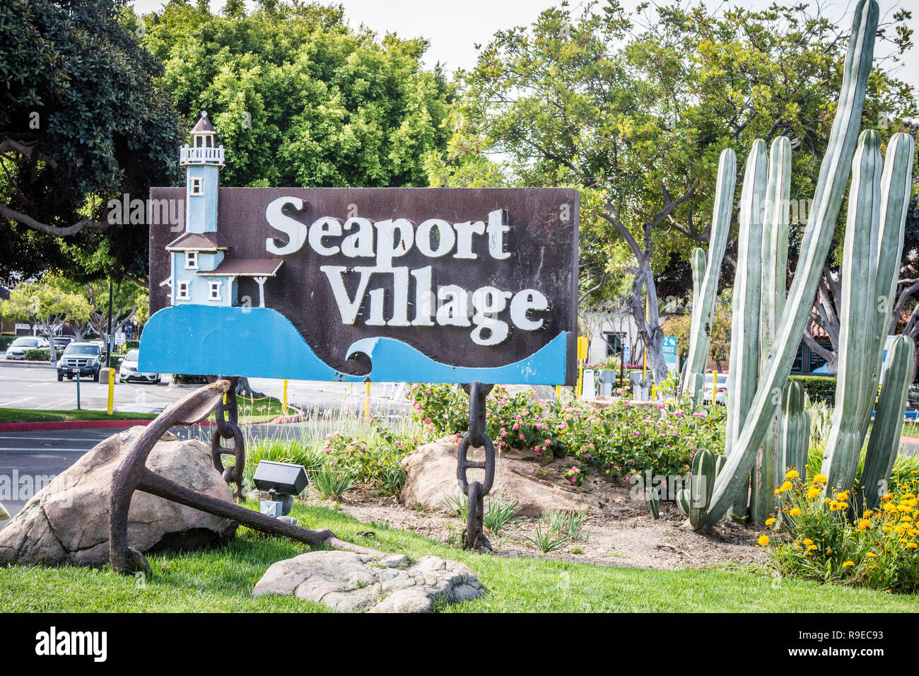 San Diego, CA: Sign for Seaport Village, a shopping center, welcomes ...