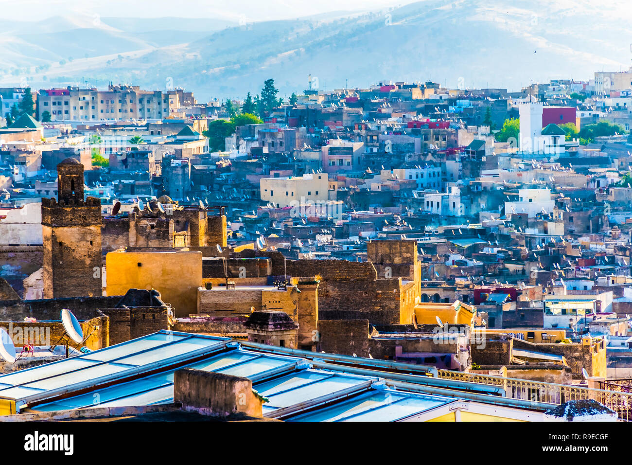 Cityscape View over the rooftops of largest medina in Fes, Morocco ...