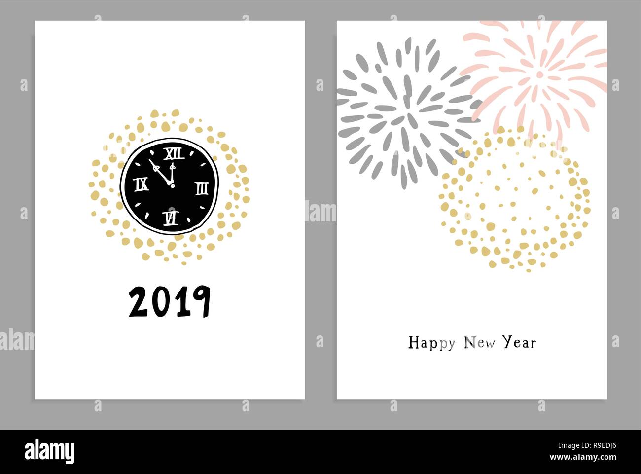 Set of Happy New Year 2019 greeting cards, party invitations with hand ...