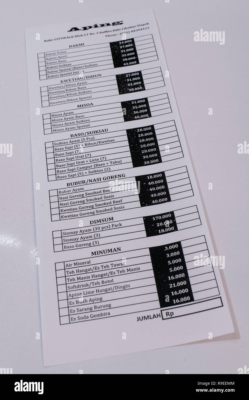 6.16, Menu order form, IndonesianBook Stock Photo - Alamy