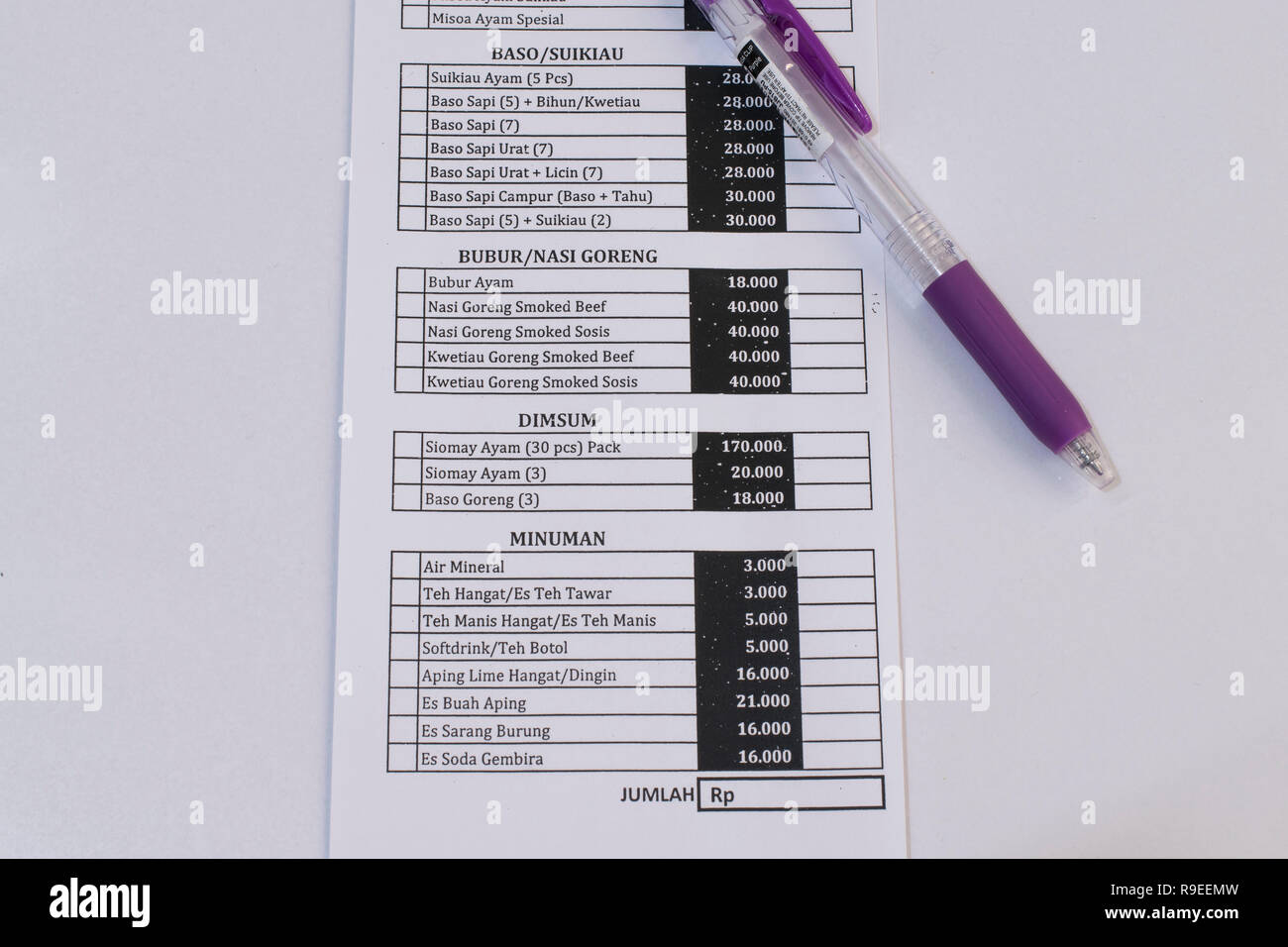 6.16, Menu order form, IndonesianBook Stock Photo - Alamy