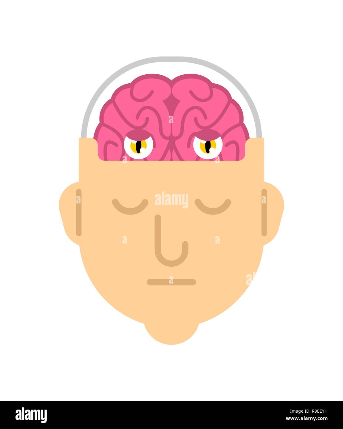 Brain with eyes in head. Man sleeping Brains work. Don't sleep think ...