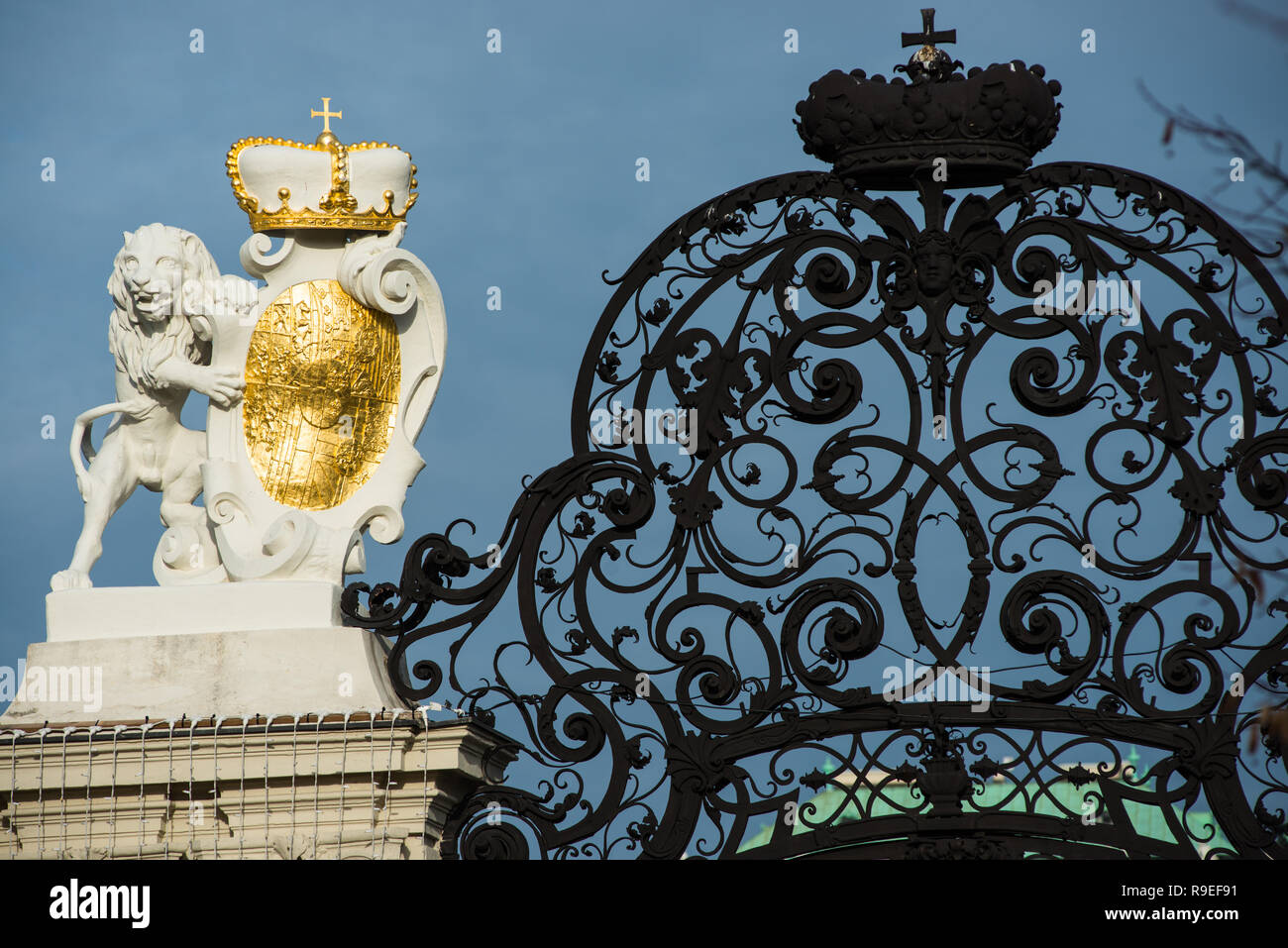 Ornate wrought iron front gates of the Belvedere Palace in Vienna ...