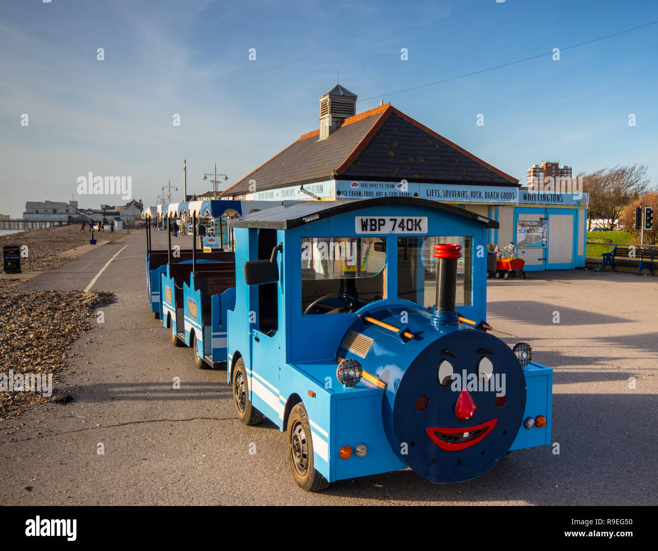 Seafront WhaleWay (railway) train on the promenade, Bognor Regis, West ...