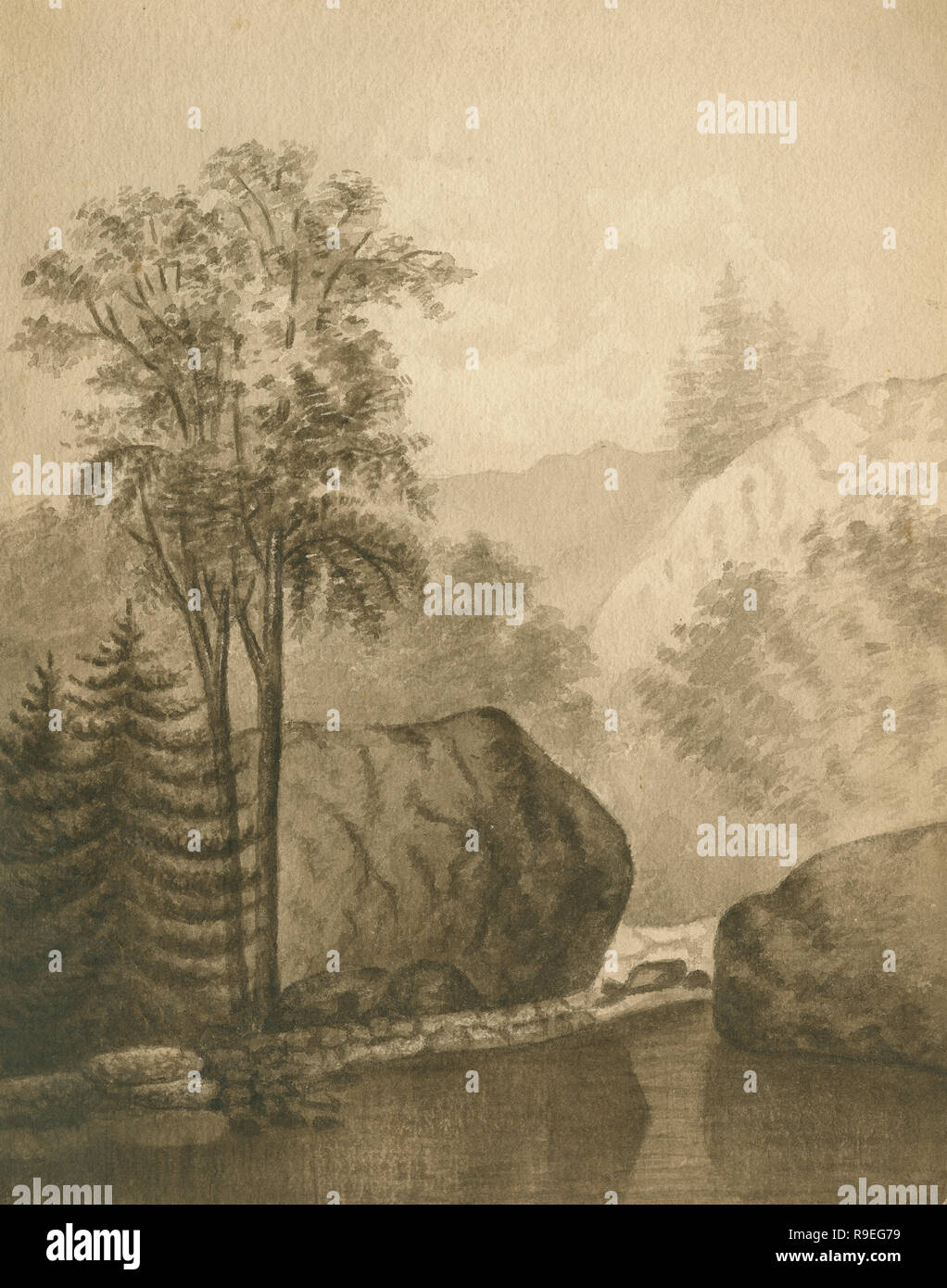 Antique c1890 gray painting of a stream with boulders and trees. SOURCE ...