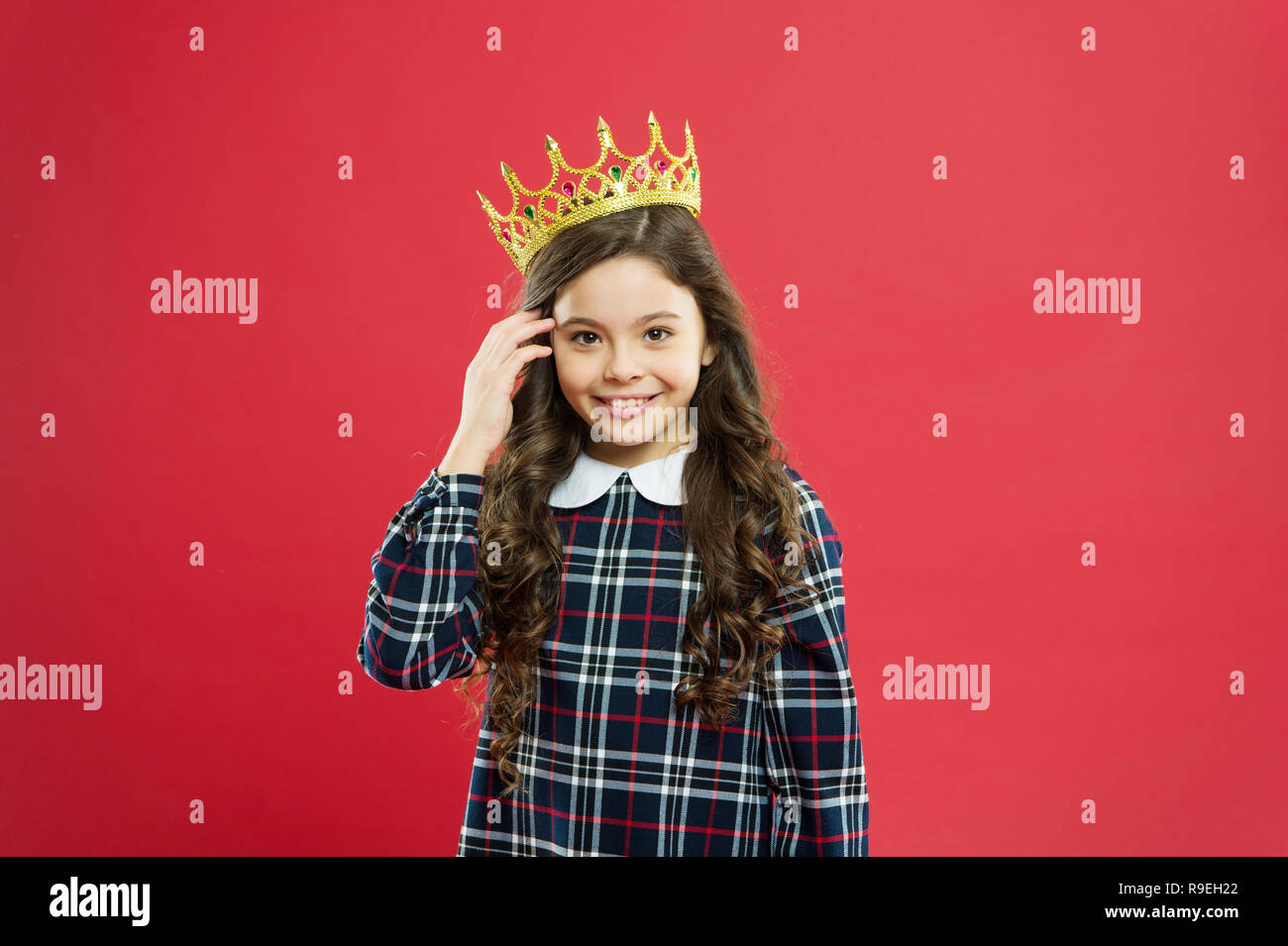 Girl wear crown red background. Monarch family concept. Princess ...
