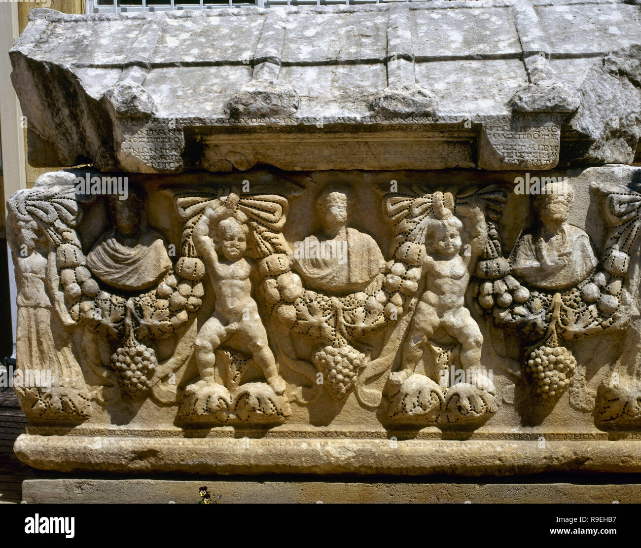 Detail of one of the faces of a Roman sarcophagus, depicting the ...