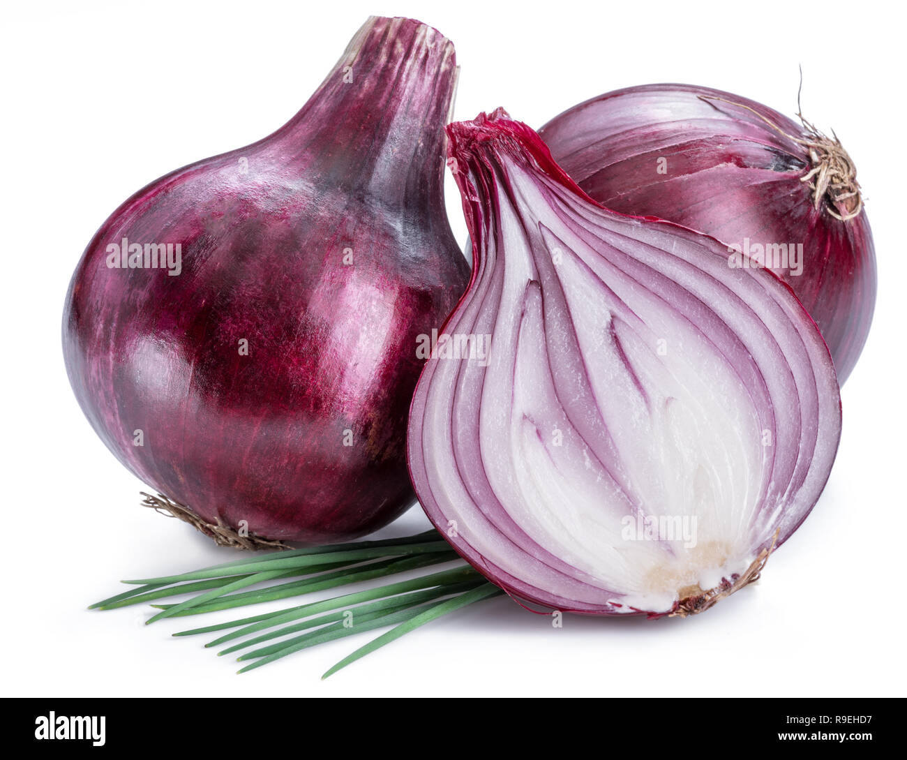 Red onion bulb and green spring onions on white background Stock Photo ...