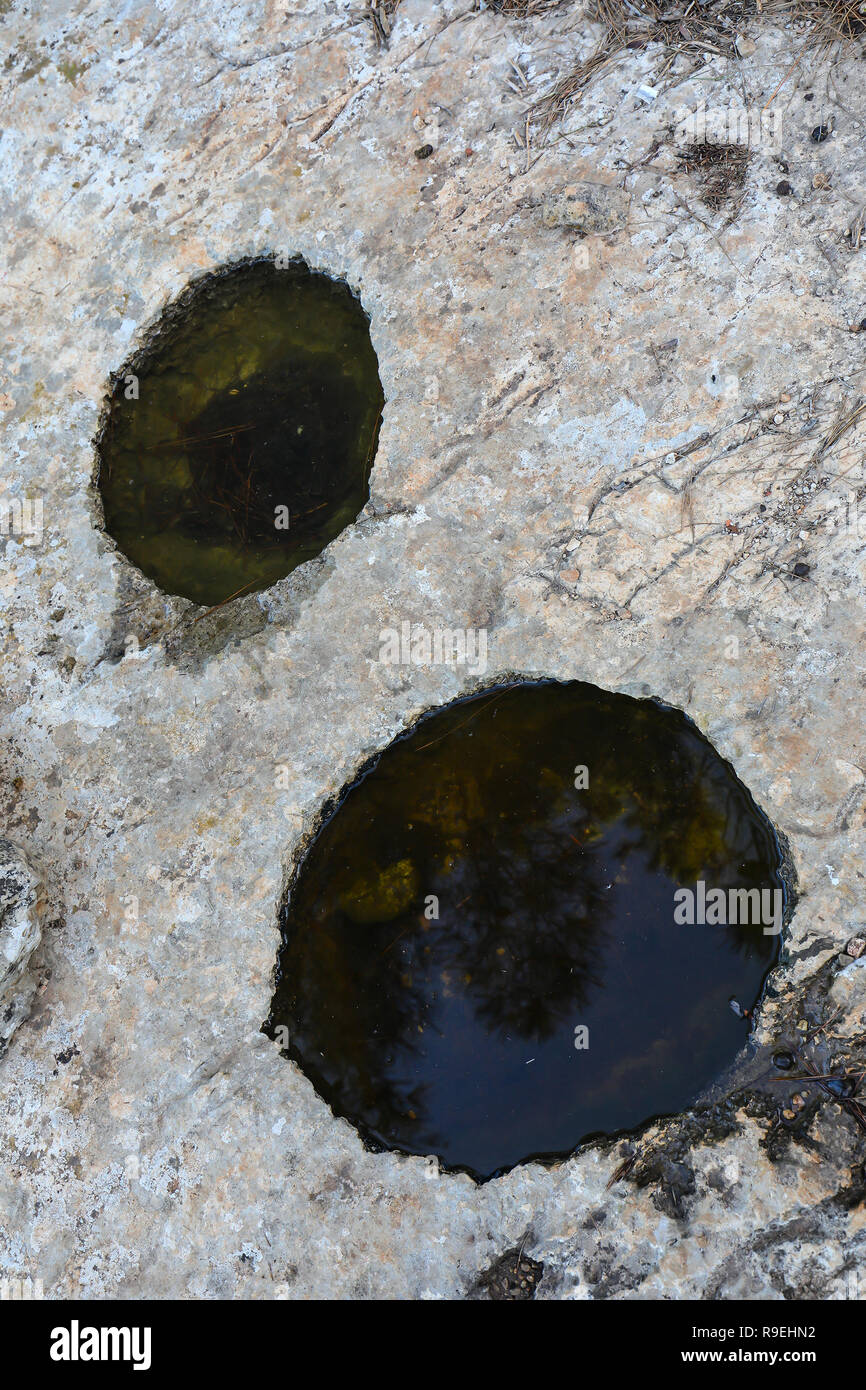 Two rain water filled holes formed in limestone in the process of karst ...