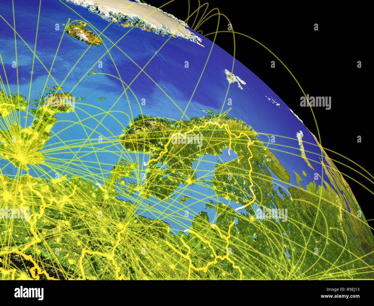 Northern Europe from space with country borders and trajectories ...