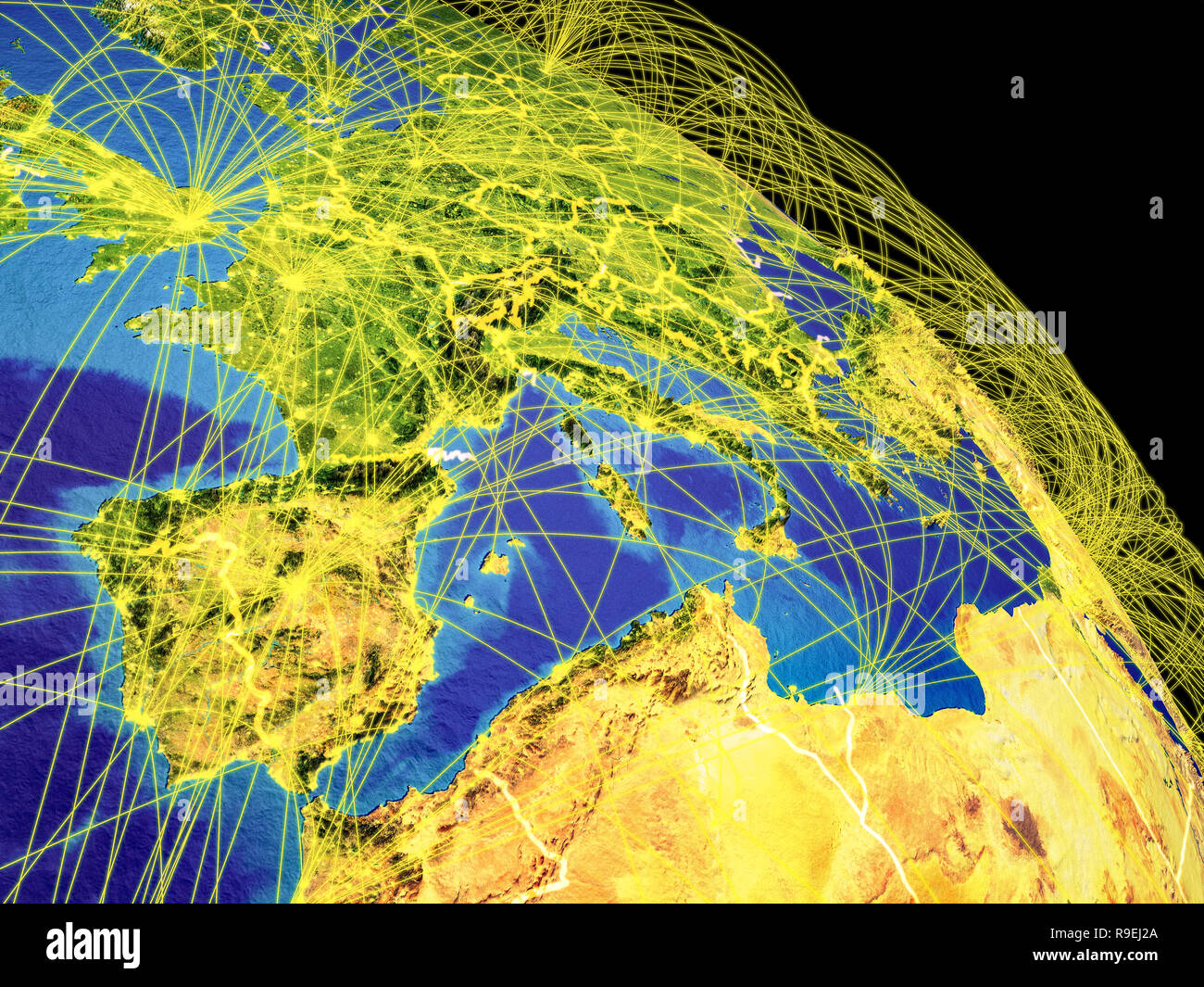Southern Europe from space with country borders and trajectories ...