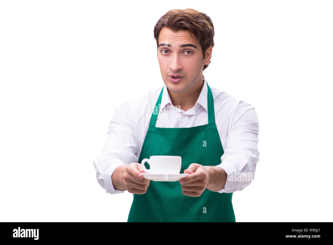 Young barista isolated on white background Stock Photo - Alamy