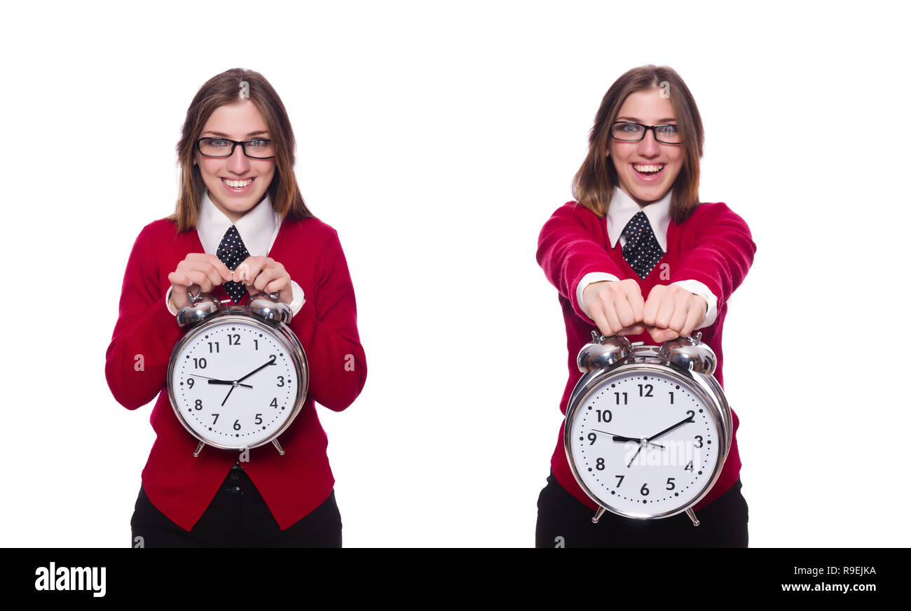 Office worker holding alarm clock isolated on white Stock Photo - Alamy