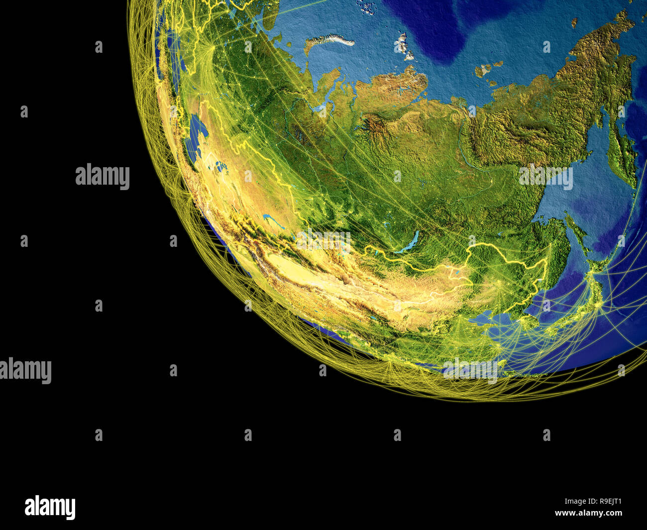 Asia from space with visible country borders and global connections ...