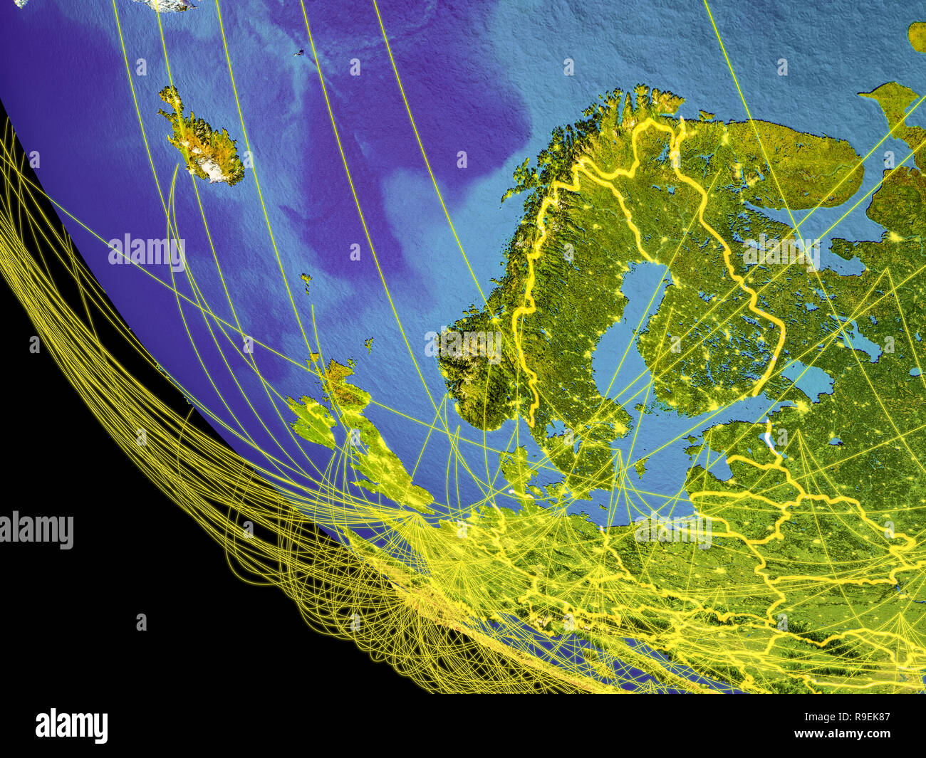Northern Europe from space with visible country borders and global ...