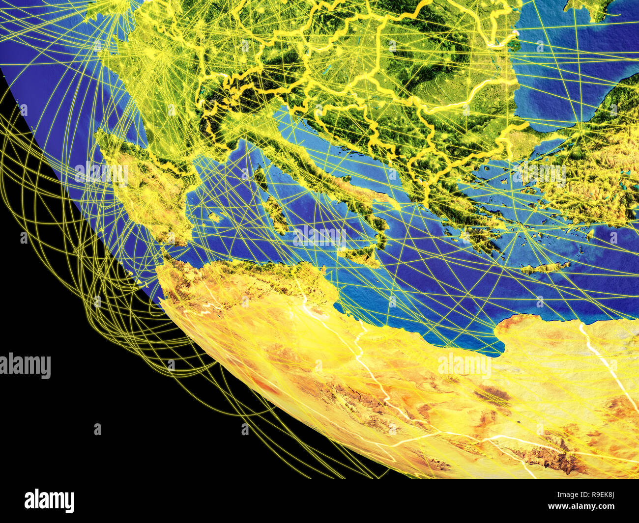 Southern Europe from space with visible country borders and global ...