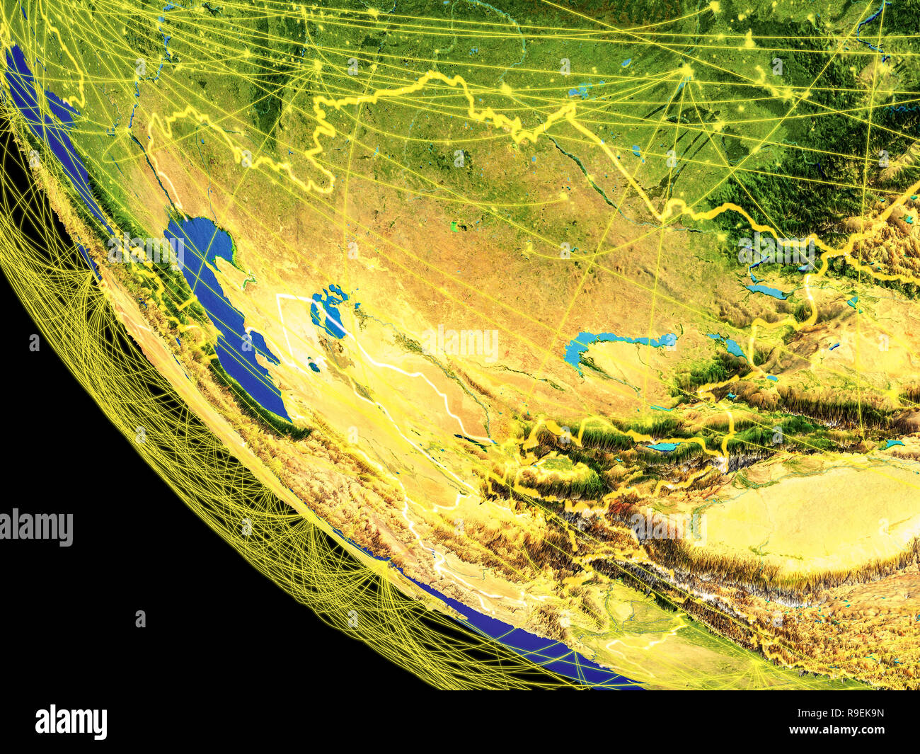 Central Asia from space with visible country borders and global ...