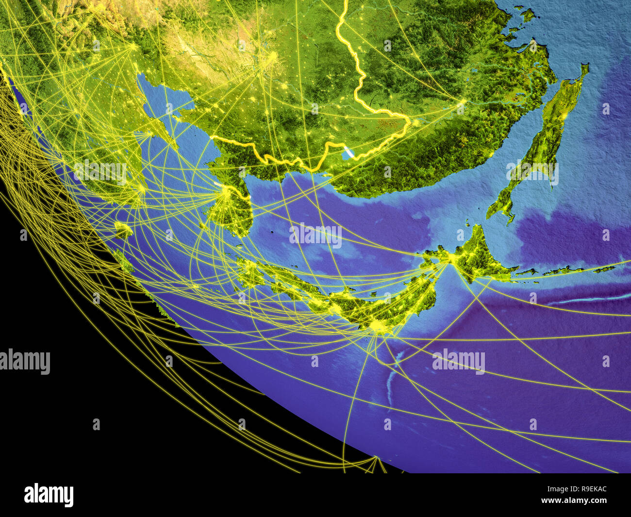 Japan and Korea from space with visible country borders and global ...