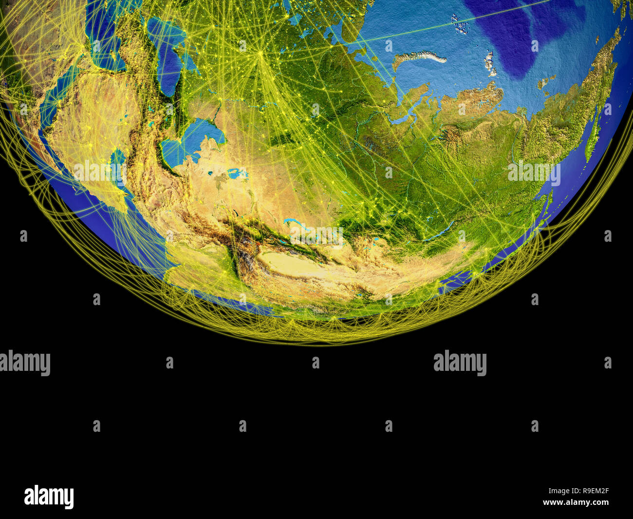 Asia from space on Earth with lines, concept of communication, travel ...