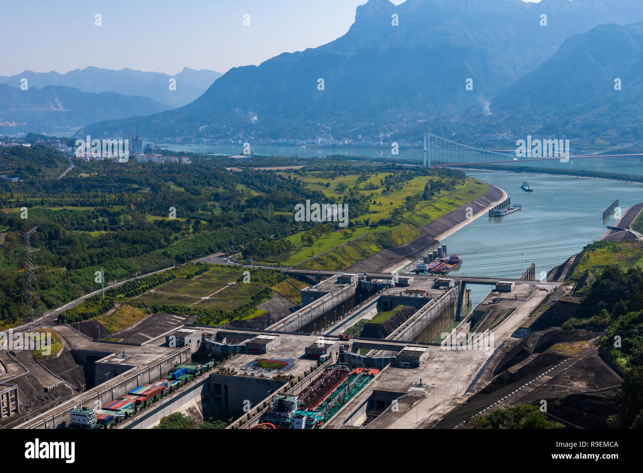 Three gorges dam- view of ship lifts and locks from lookout Stock Photo ...