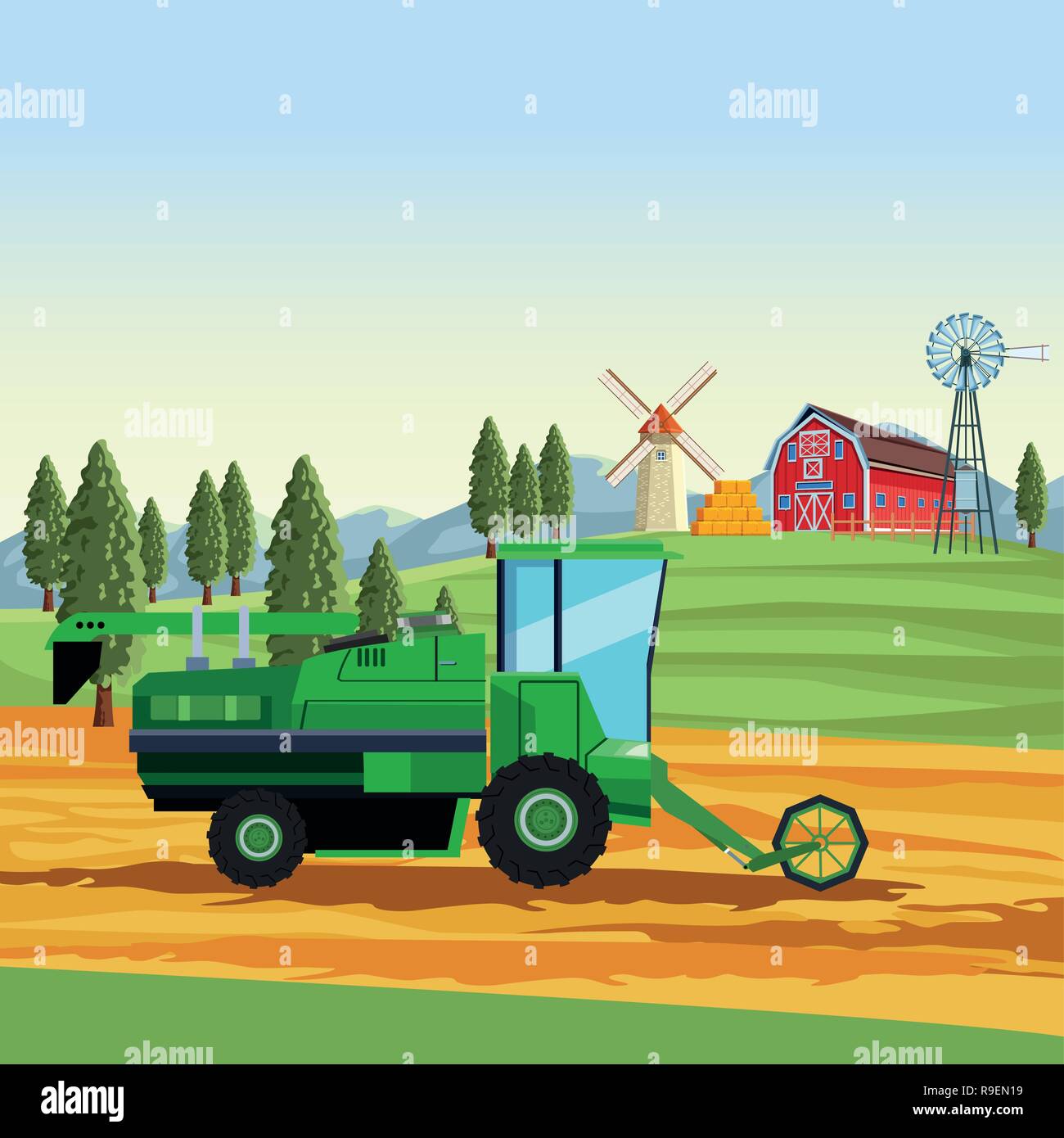 Farm machinery with barn Stock Vector Images - Alamy