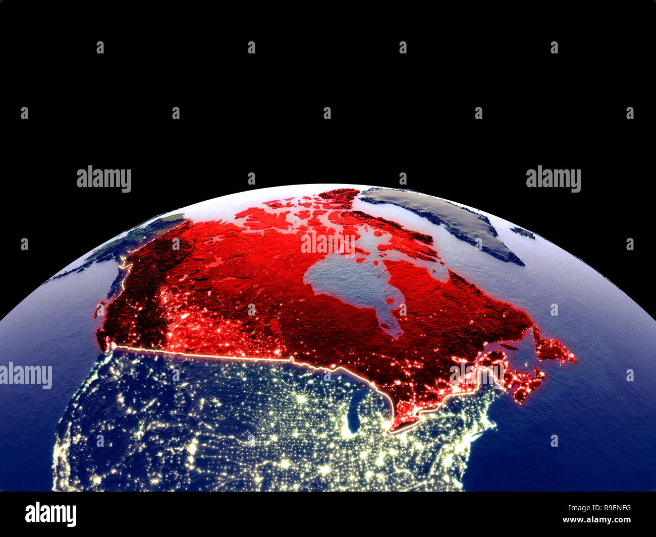 Canada from space on planet Earth at night with bright city lights ...