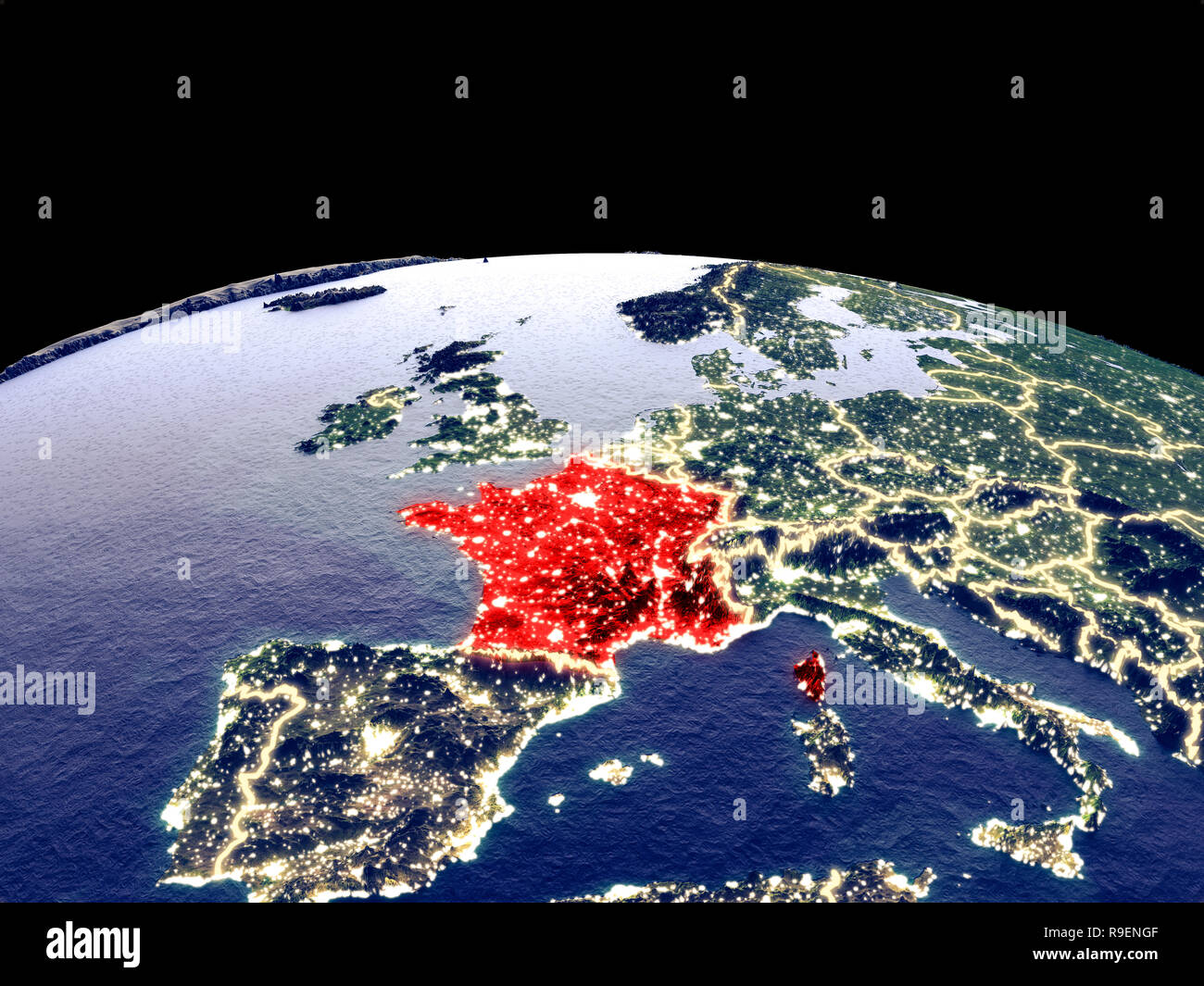 France from space on planet Earth at night with bright city lights ...