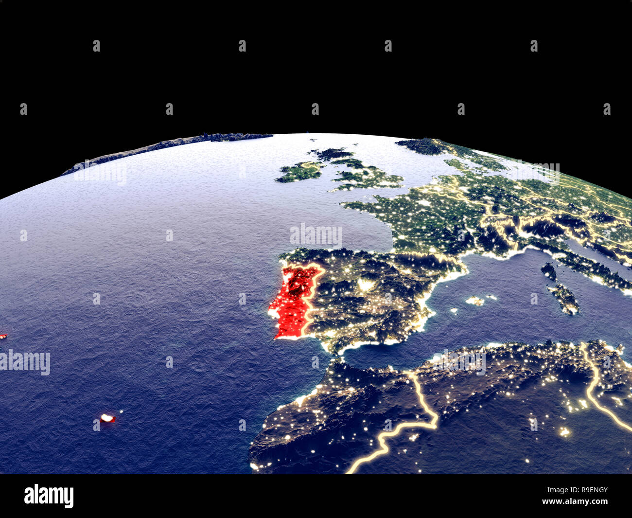 Portugal from space on planet Earth at night with bright city lights ...