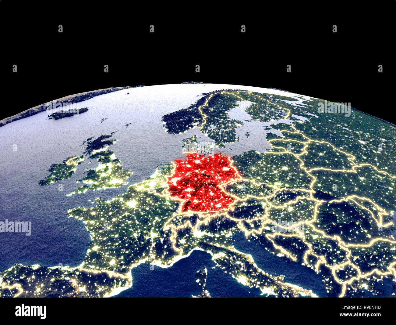 Germany from space on planet Earth at night with bright city lights ...